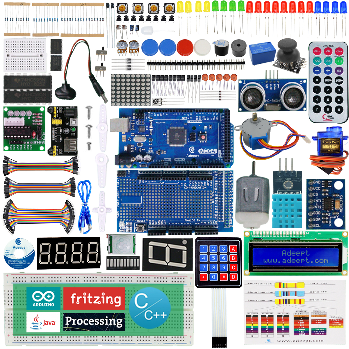 Adeept Ultimate Starter Kit for Arduino Mega2560 LCD1602, Stepper motor, ADXL345, Learning Kit ...